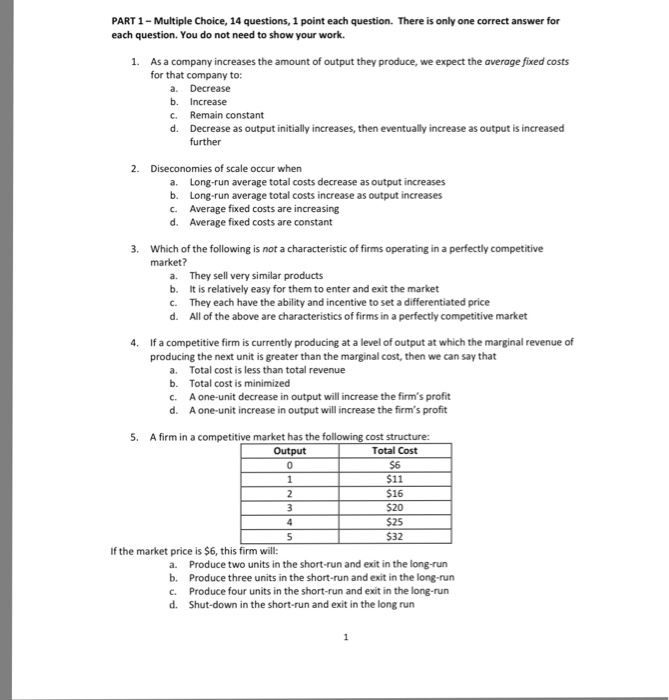 Solved PART 1- Multiple Choice, 14 questions, 1 point each | Chegg.com