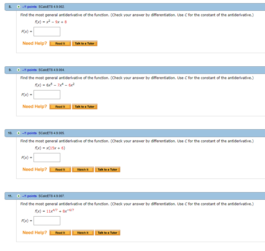 Solved 8. +-/1 points SCalcET8 4.9.002. Find the most | Chegg.com