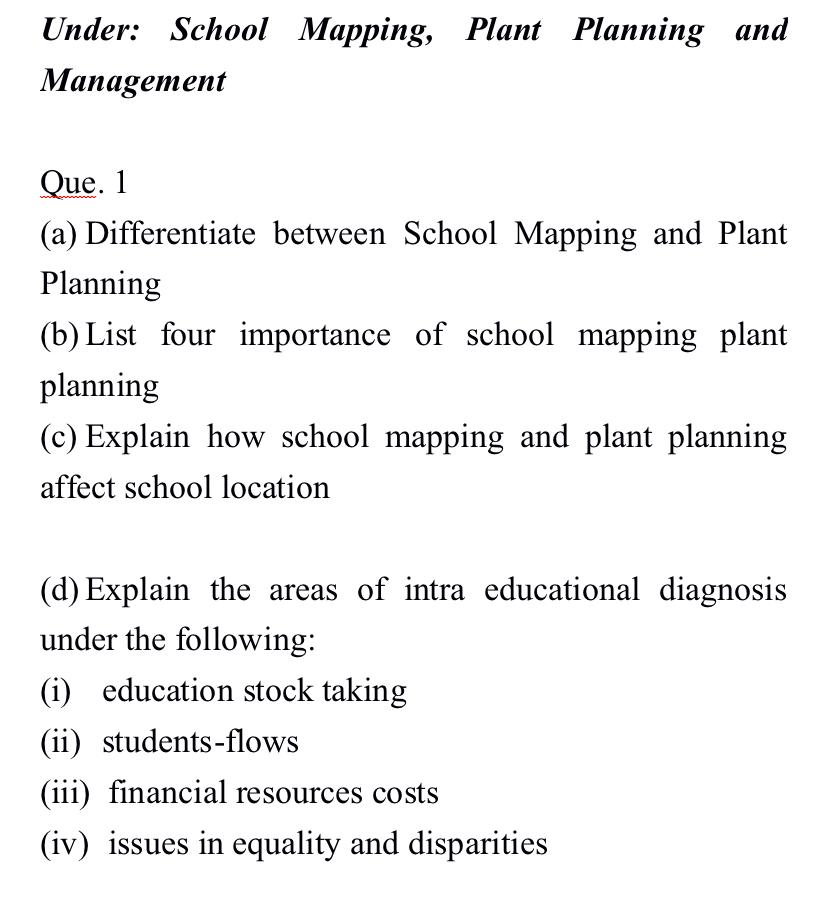 Solved Under: School Mapping, Plant Planning and Management | Chegg.com