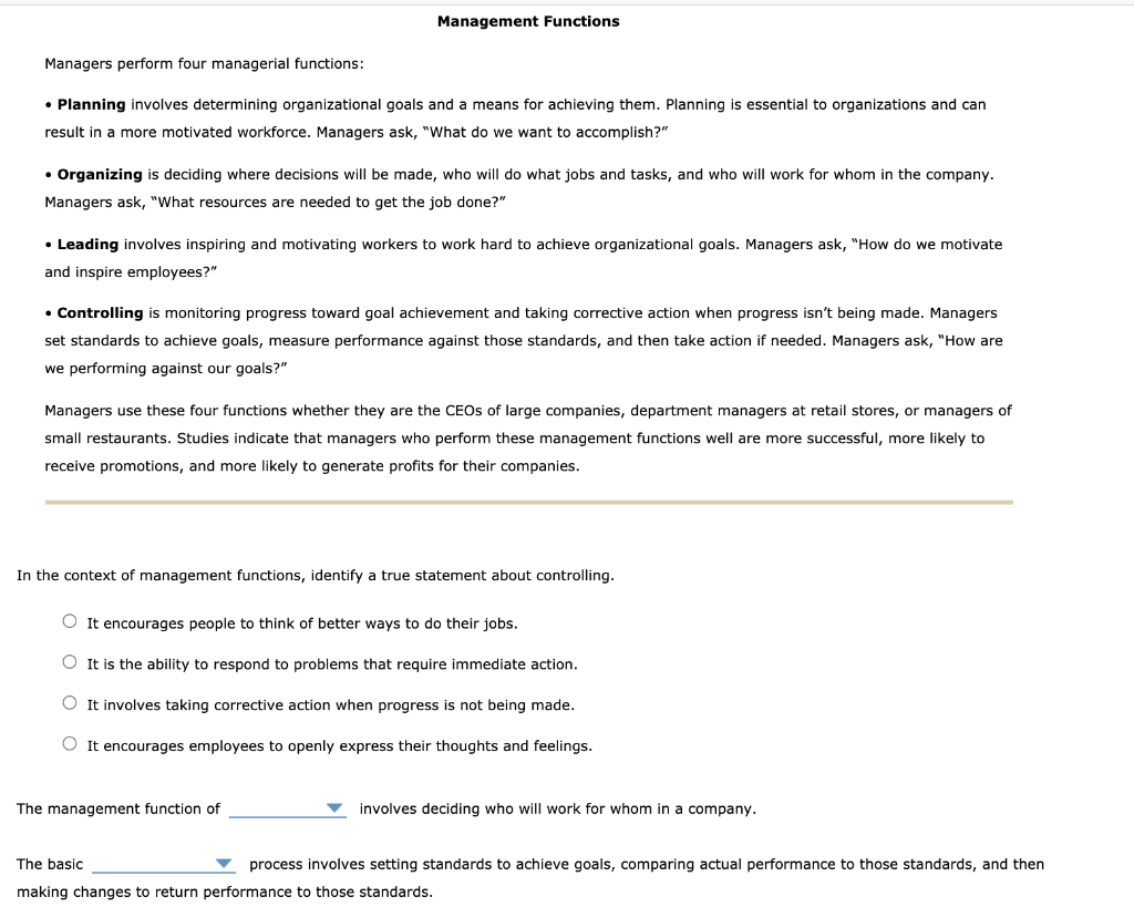 Solved Management Functions Managers perform four managerial | Chegg.com