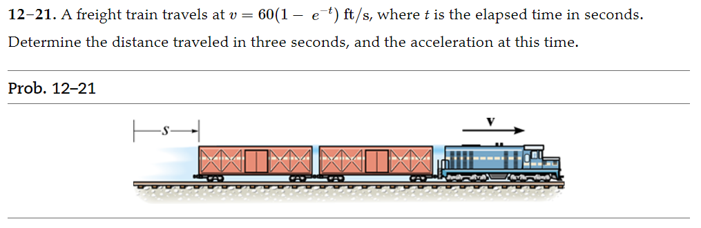 Solved 12-21. A freight train travels at v=60(1−e−t)ft/s, | Chegg.com