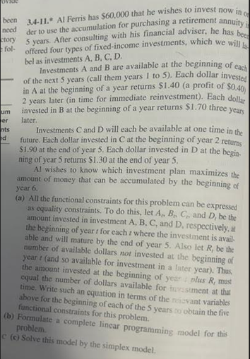 Solved 3.4-11.* Al Ferris has $60,000 that he wishes to | Chegg.com