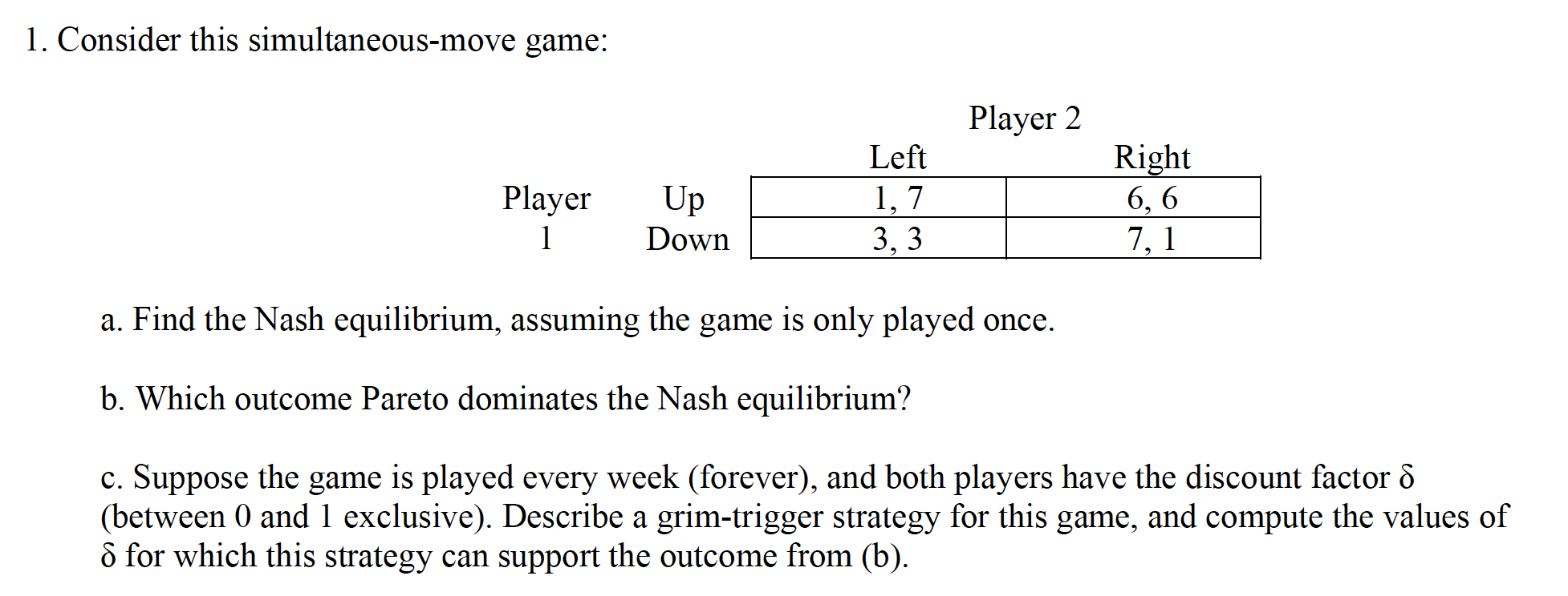 Solved 1. Consider this simultaneous-move game: Player 2 | Chegg.com