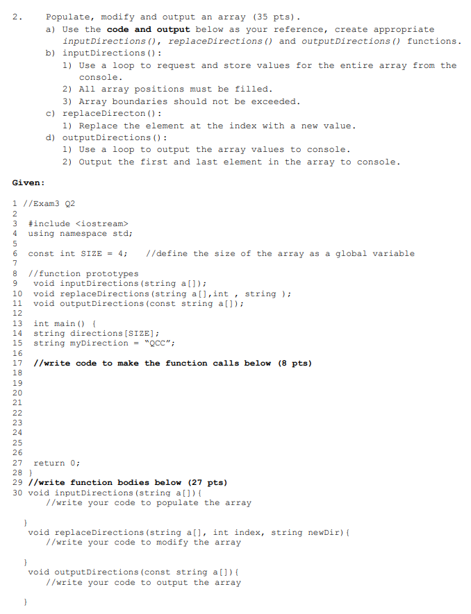 Solved 1. 2. Populate, modify and output an array (35 pts). | Chegg.com