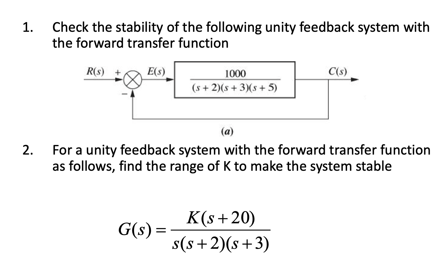 Solved 1. Check the stability of the following unity | Chegg.com
