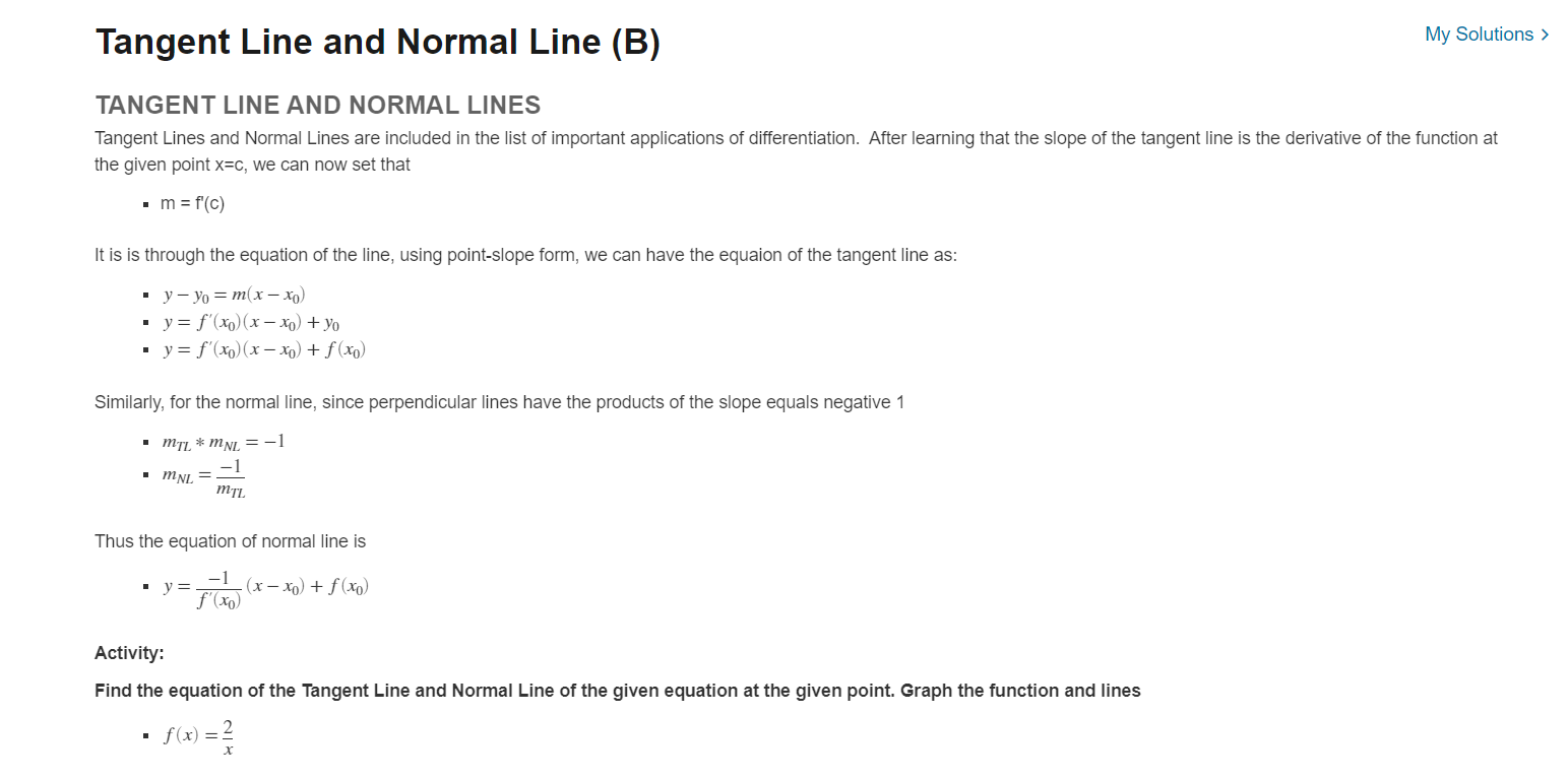 Solved TANGENT LINE AND NORMAL LINES Tangent Lines and | Chegg.com