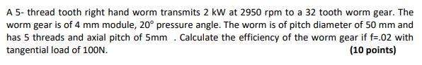 Solved A 5-thread tooth right hand worm transmits 2 kW at | Chegg.com