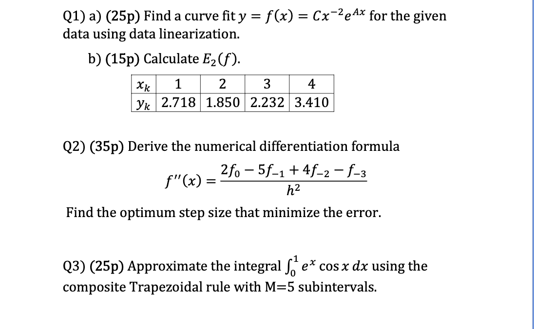 Solved Q1) a) (25p) Find a curve fit y = f(x) = (x-2e Ax for | Chegg.com