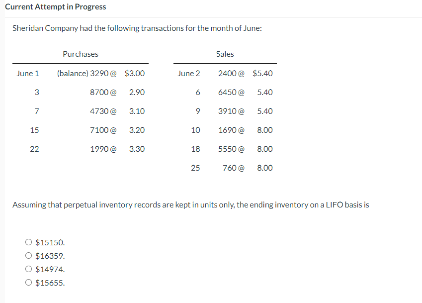 Solved Current Attempt in Progress Sheridan Company had the | Chegg.com
