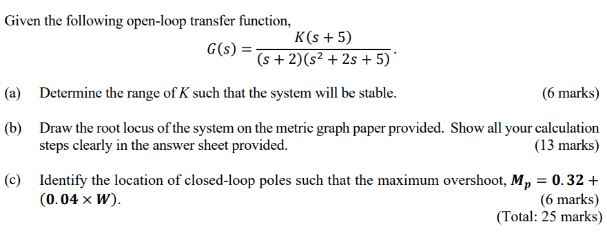 Solved Given the following open-loop transfer function, K(S | Chegg.com