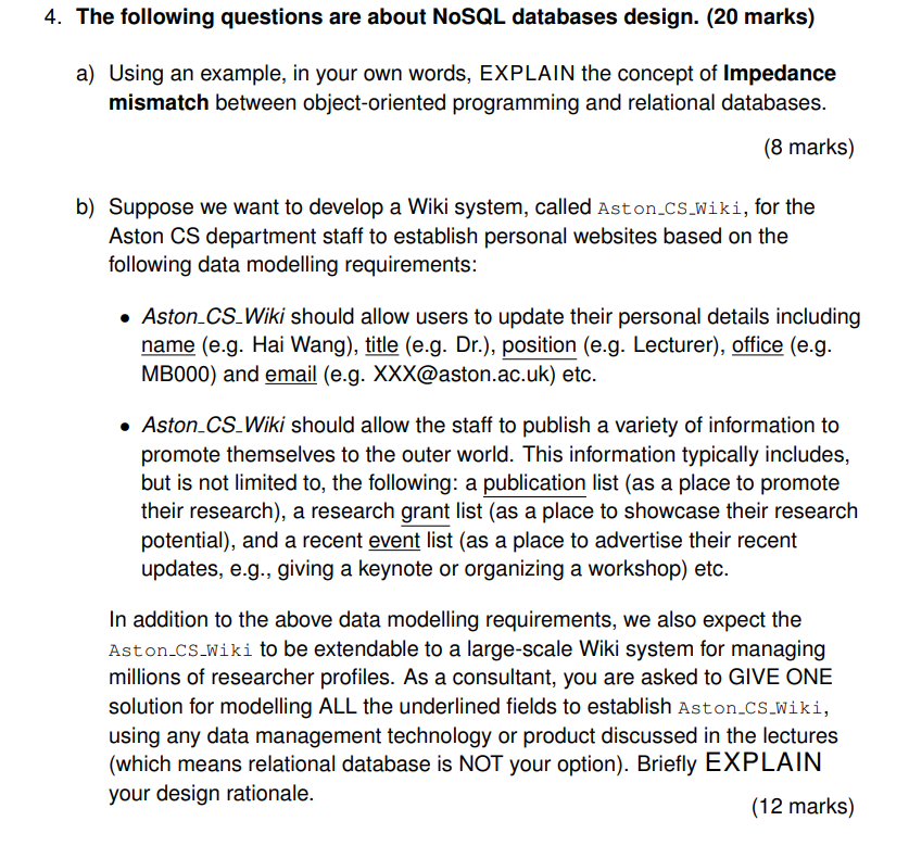 Solved 4. The following questions are about NoSQL databases | Chegg.com