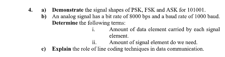 Solved 4. a) Demonstrate the signal shapes of PSK, FSK and | Chegg.com