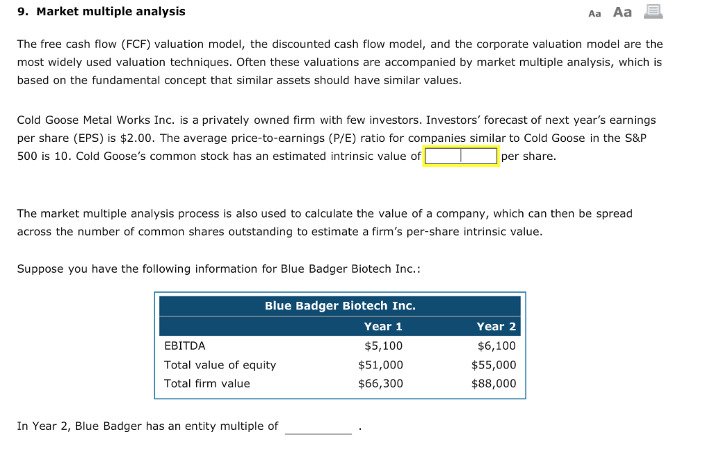 Solved 9. Market multiple analysis Aa Aa The free cash flow | Chegg.com