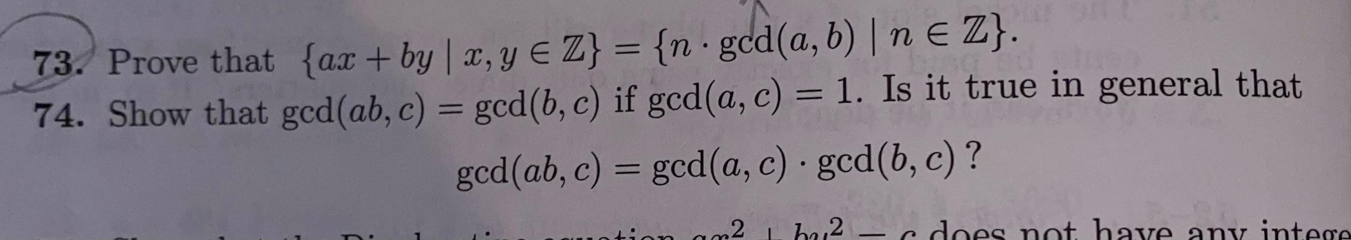 Solved 73. Prove that {ax +by X, Y EZ} = {n.gcd(a,b) | n e | Chegg.com