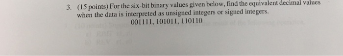 Solved 3. (15 points) For the six-bit binary values given | Chegg.com