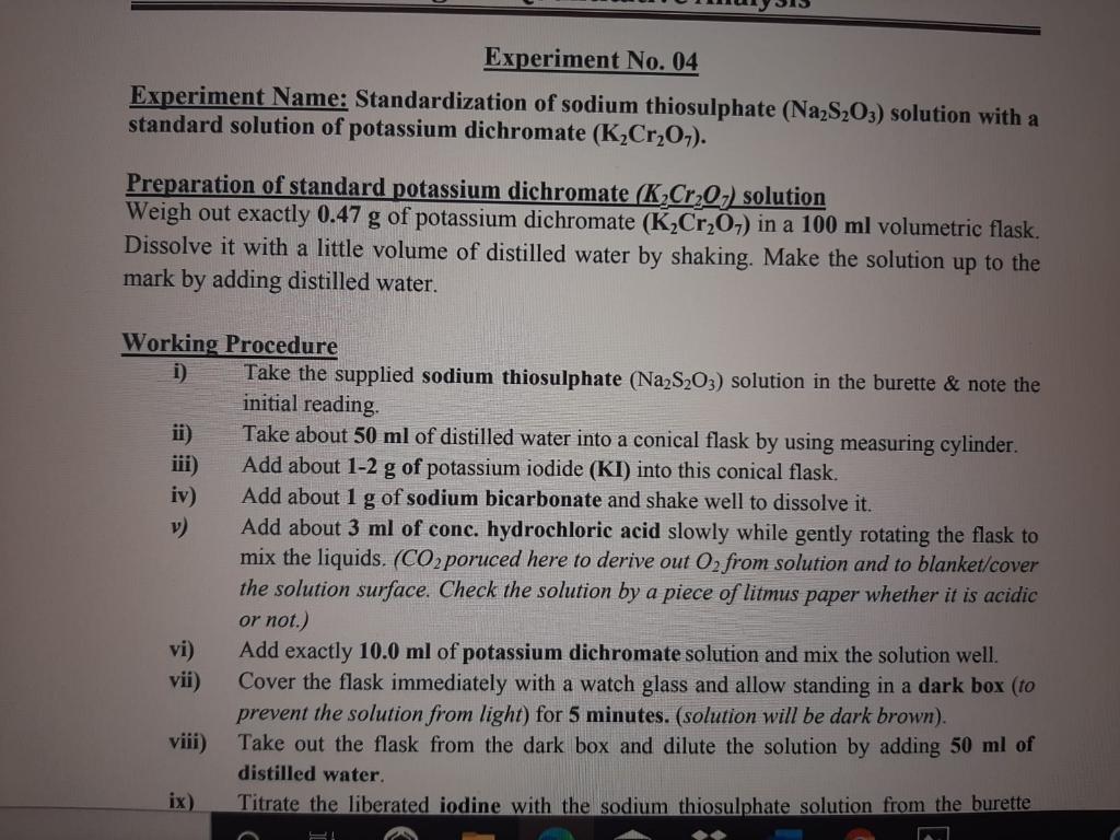 Solved Experiment No. 04 Experiment Name: Standardization of | Chegg.com