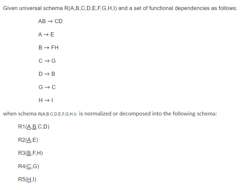 Solved Given universal schema R(A,B,C,D,E,F,G,H,I) and a set | Chegg.com