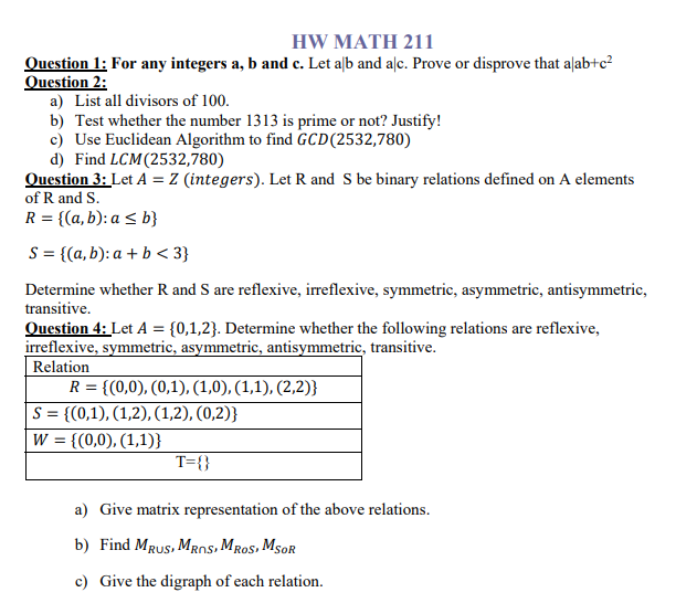 Solved HW MATH 211 Question 1: For any integers a, b and c. | Chegg.com