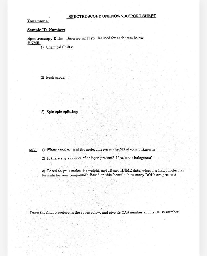 Solved SPECTROSCOPY UNKNOWN REPORT SHEET Your name: Sample | Chegg.com