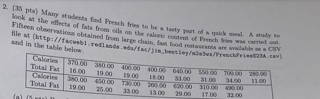 Solved (35 pts) Many students find French fries to be a | Chegg.com