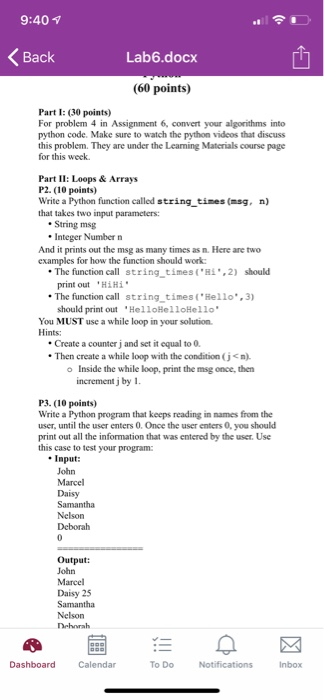 Solved 9:40 Back Lab6.docx (60 points) Part I: (30 points) | Chegg.com