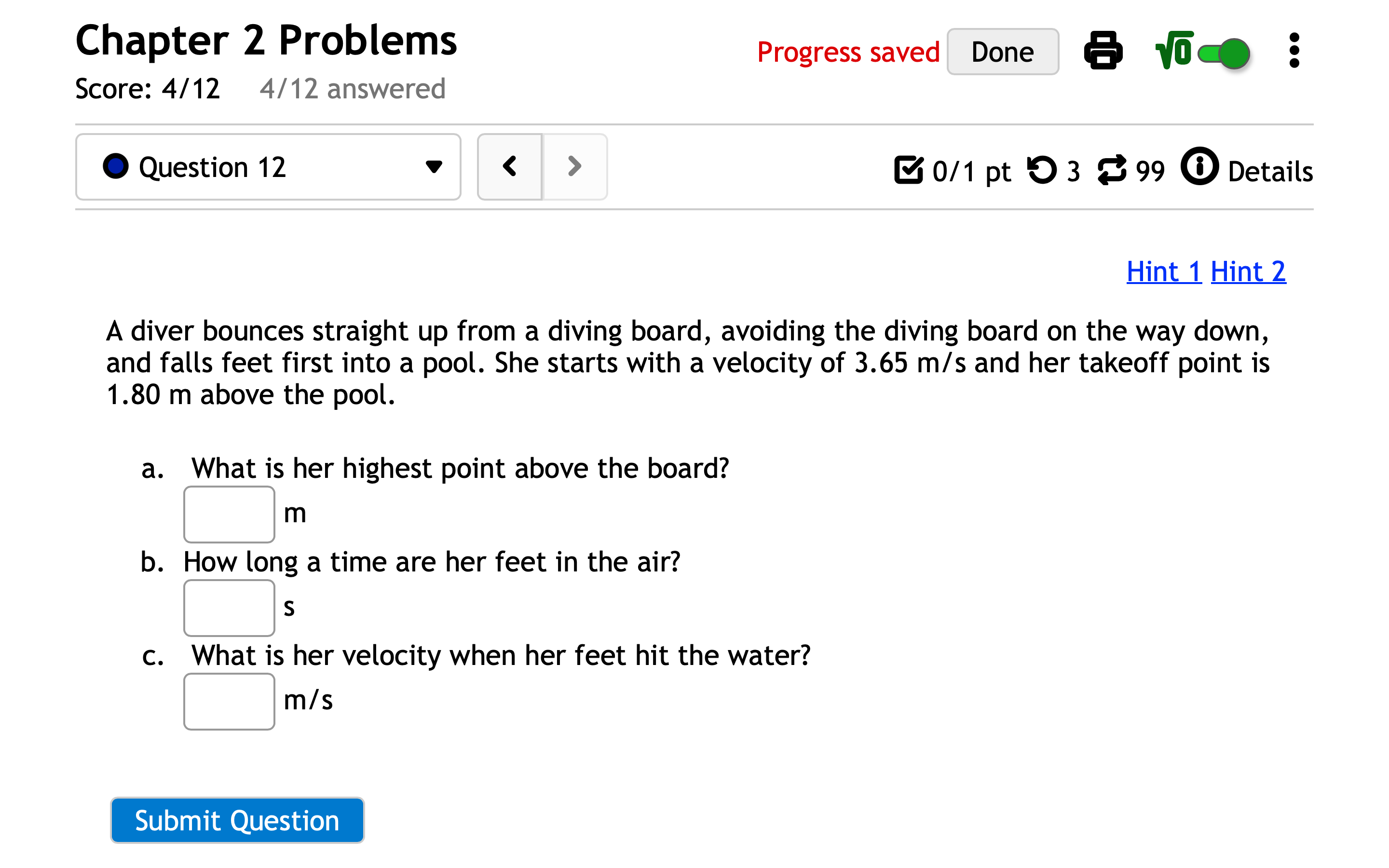 Solved A diver bounces straight up from a diving board, | Chegg.com