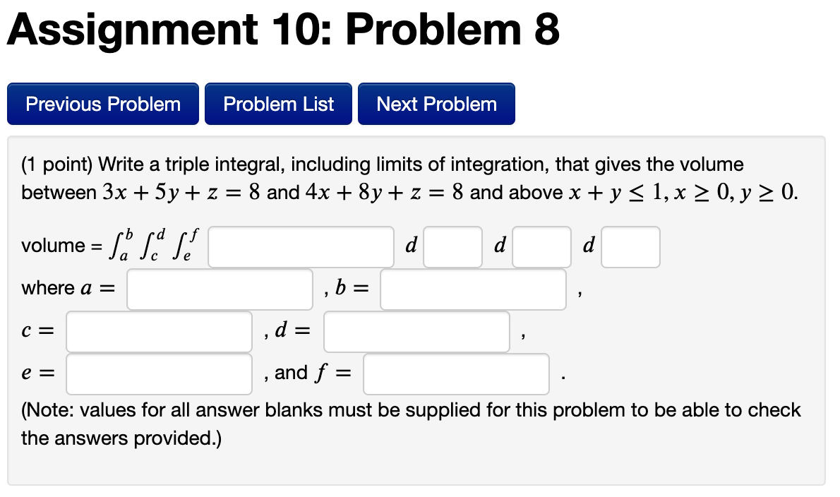 Solved Assignment 10: Problem 8 (1 point) Write a triple | Chegg.com