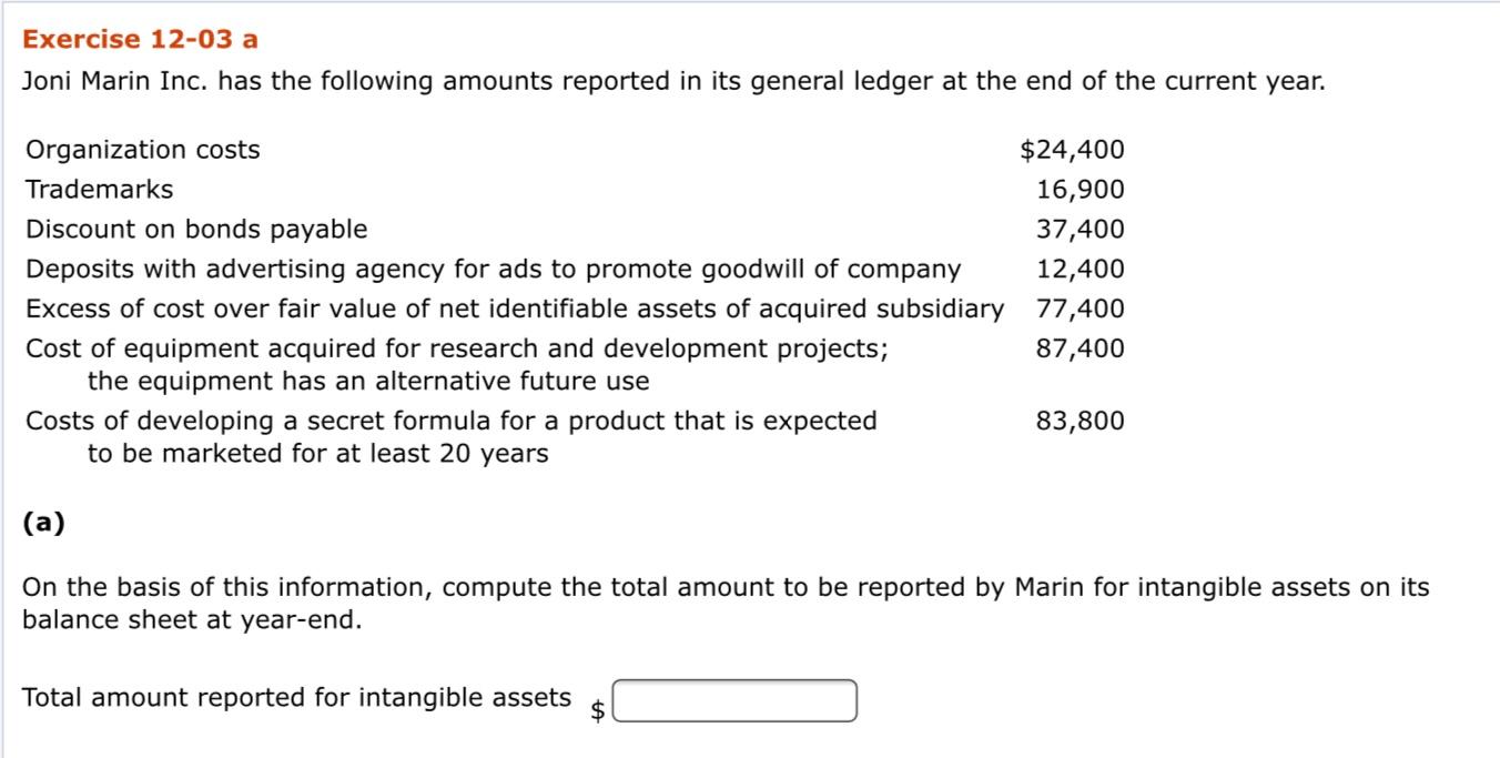 Solved Exercise 12-03 a Joni Marin Inc. has the following | Chegg.com