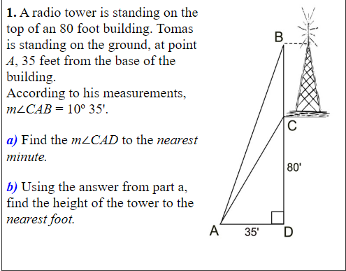 Solved 1. A radio tower is standing on the top of an 80 foot | Chegg.com