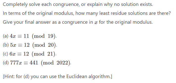 Solved Completely solve each congruence, or explain why no | Chegg.com