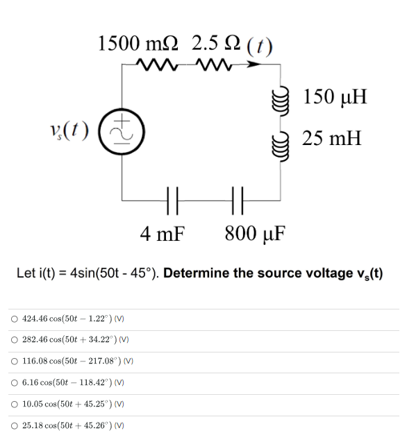 Solved Let i(t)=4sin(50t-45°). ﻿Determine the source voltage | Chegg.com