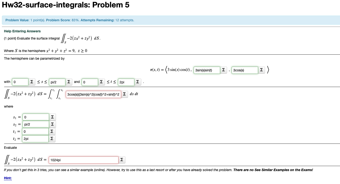 Solved Hw32-surface-integrals: Problem 5 Problem Value: 1 | Chegg.com