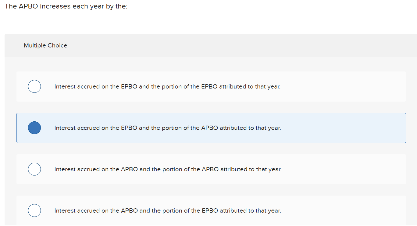 Solved The APBO increases each year by the: Multiple Choice | Chegg.com
