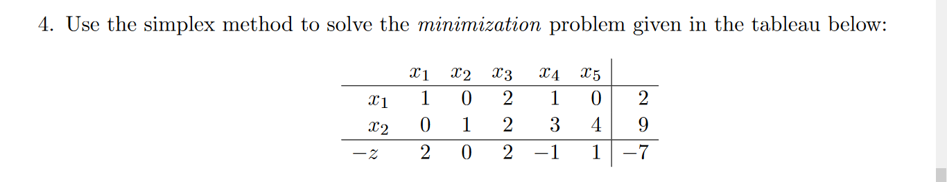 Solved 4. Use the simplex method to solve the minimization | Chegg.com