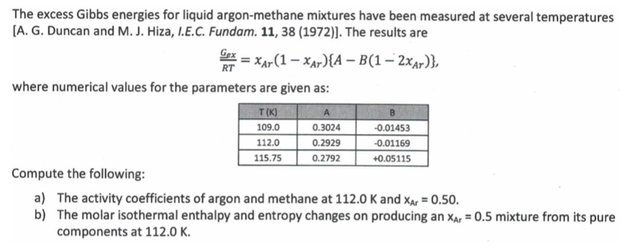 Solved The excess Gibbs energies for liquid argon-methane | Chegg.com