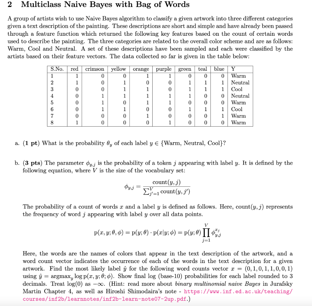 Solved 2 Multiclass Naive Bayes with Bag of Words A group of | Chegg.com