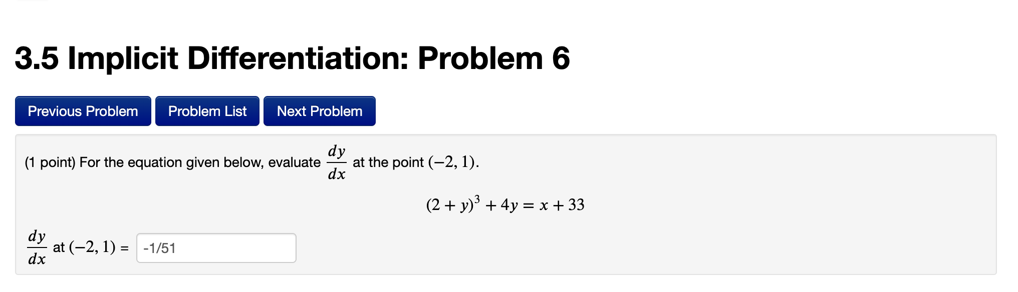 Solved 3.5 Implicit Differentiation: Problem 3 Previous | Chegg.com