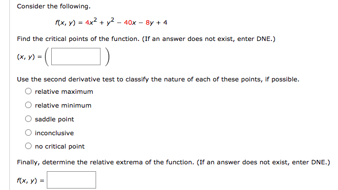 Solved Consider the following. f(x, y) = 4x2 + y2 − 40x − | Chegg.com