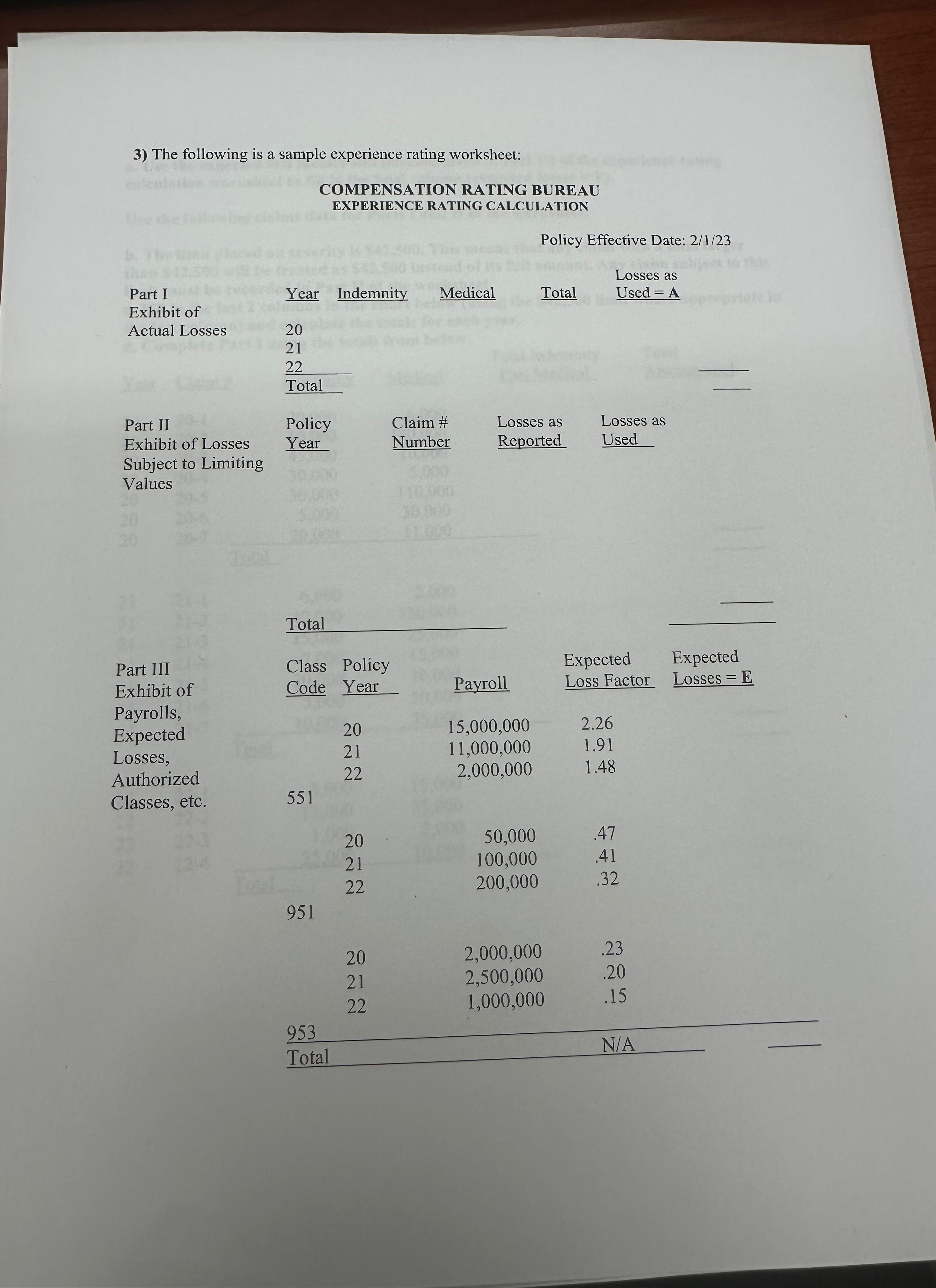 The following is a sample experience rating | Chegg.com