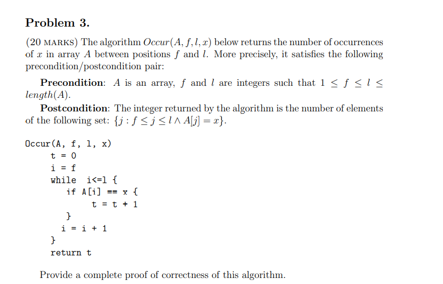 Solved Problem 3. (20 MARKS) The algorithm Occur (A, f, 1, | Chegg.com
