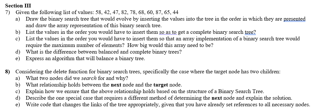 Solved Section IIIGiven the following list of values: | Chegg.com