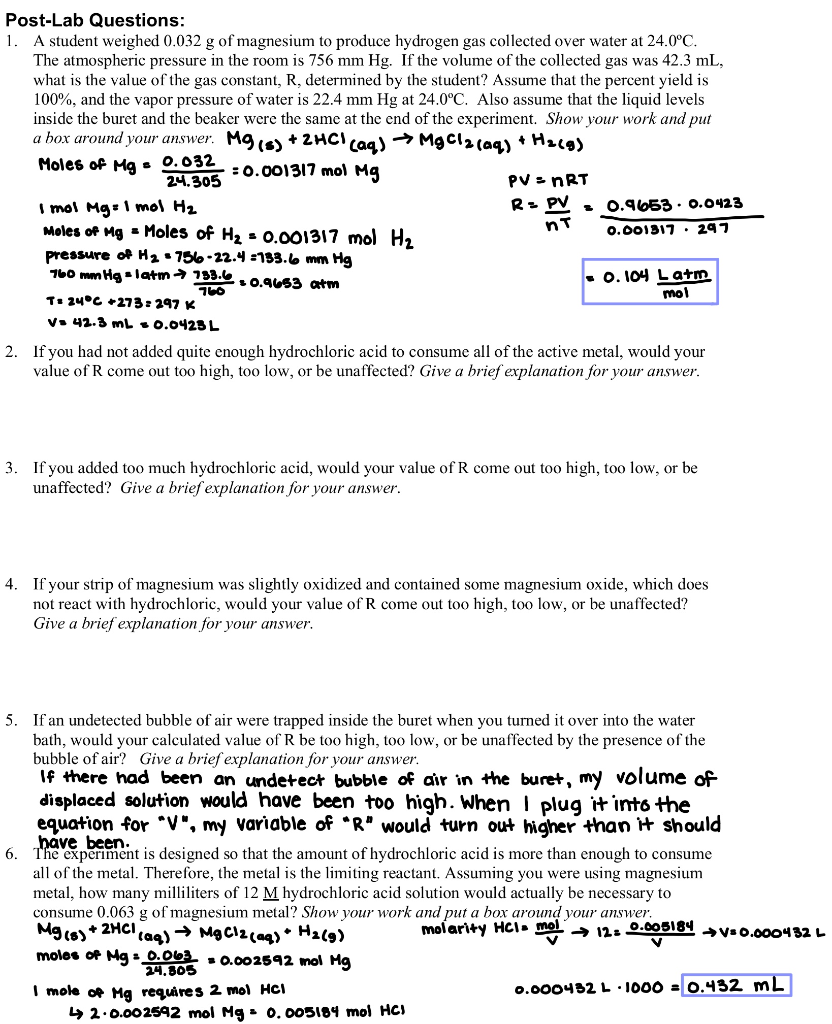 POST-LAB Questions Help! Determining the Ideal Gas | Chegg.com