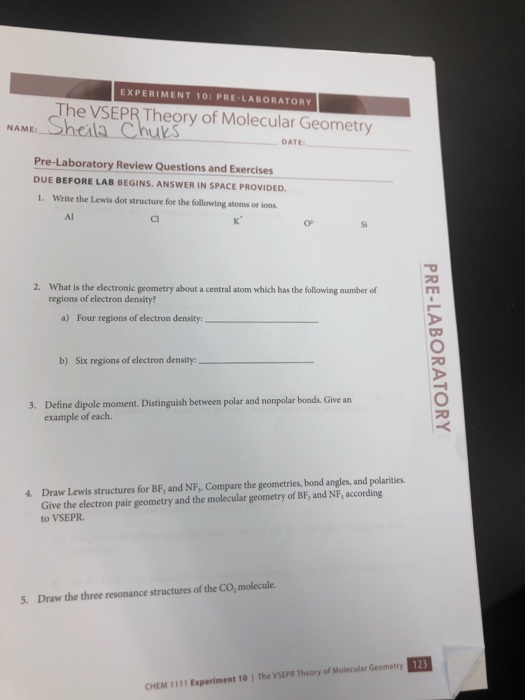 Solved EXPERIMENT 1O: PRE-LABORATORY The VSEPR Theory of | Chegg.com