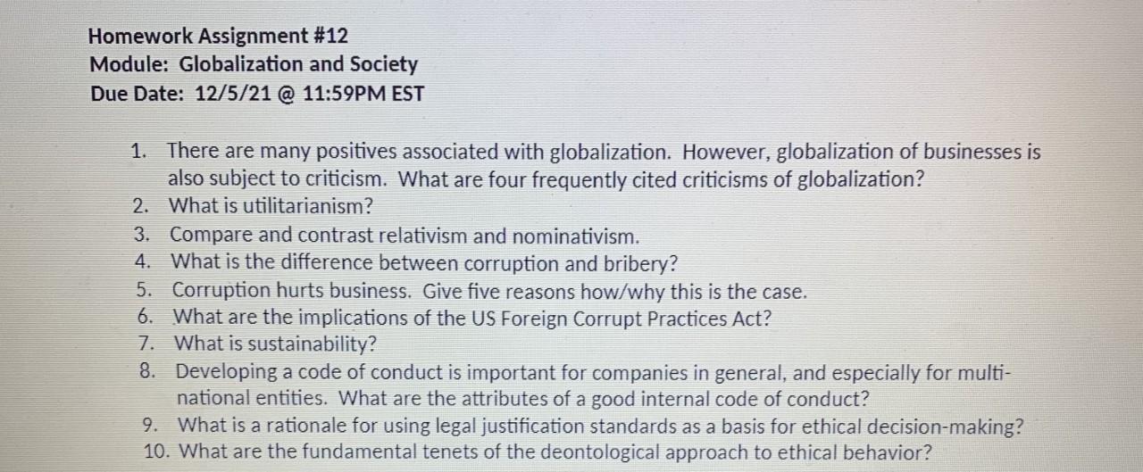 Solved Homework Assignment #12 Module: Globalization and | Chegg.com