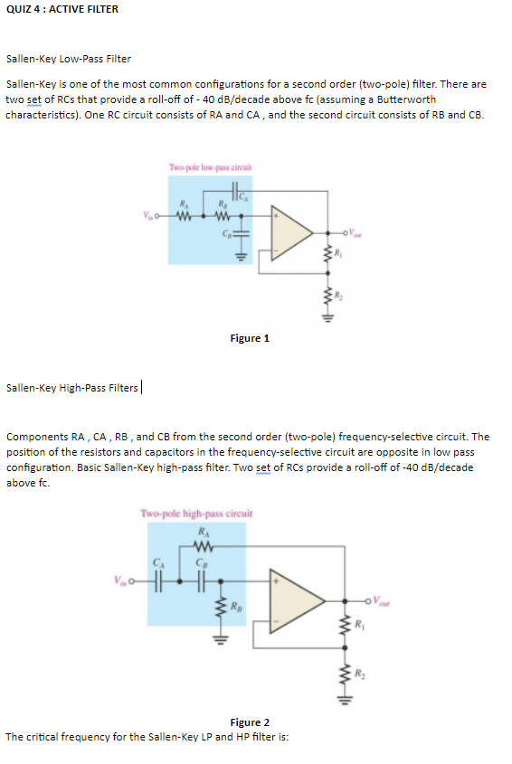 Solved QUIZ 4: ACTIVE FILTER Sallen-Key Low-Pass Filter | Chegg.com
