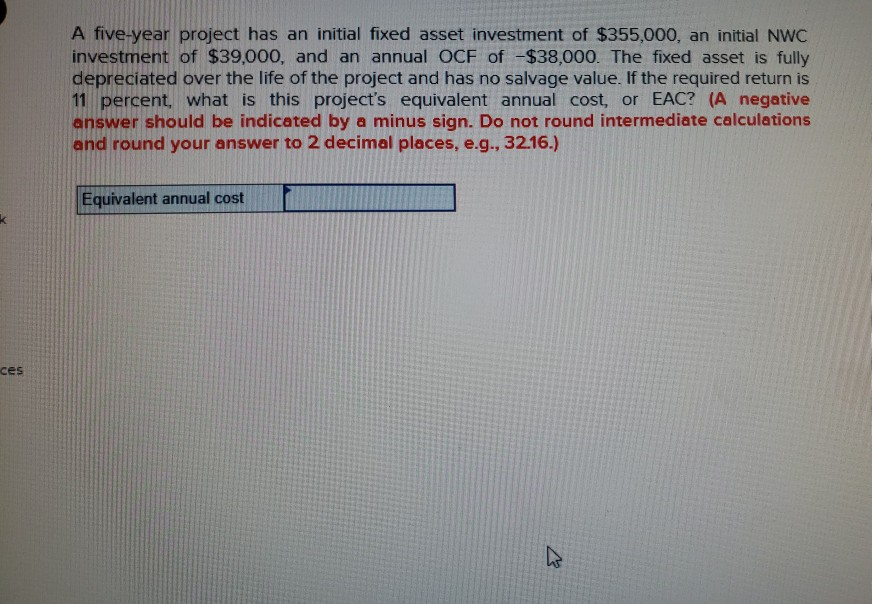 Solved A five-year project has an initial fixed asset | Chegg.com