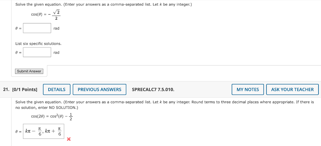 Solved 23. [0/1 Points] Solve the given equation. (Enter | Chegg.com