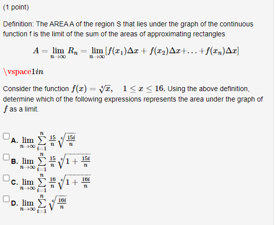 Solved (1 ﻿point)Definition: The AREAA of the region S ﻿that | Chegg.com