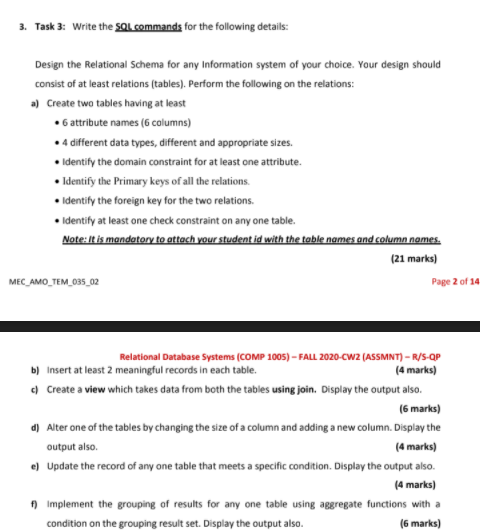 Solved 3. Task 3: Write the SQL commands for the following | Chegg.com