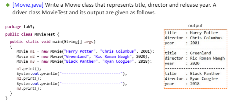 Solved [Movie.java] Write a Movie class that represents | Chegg.com